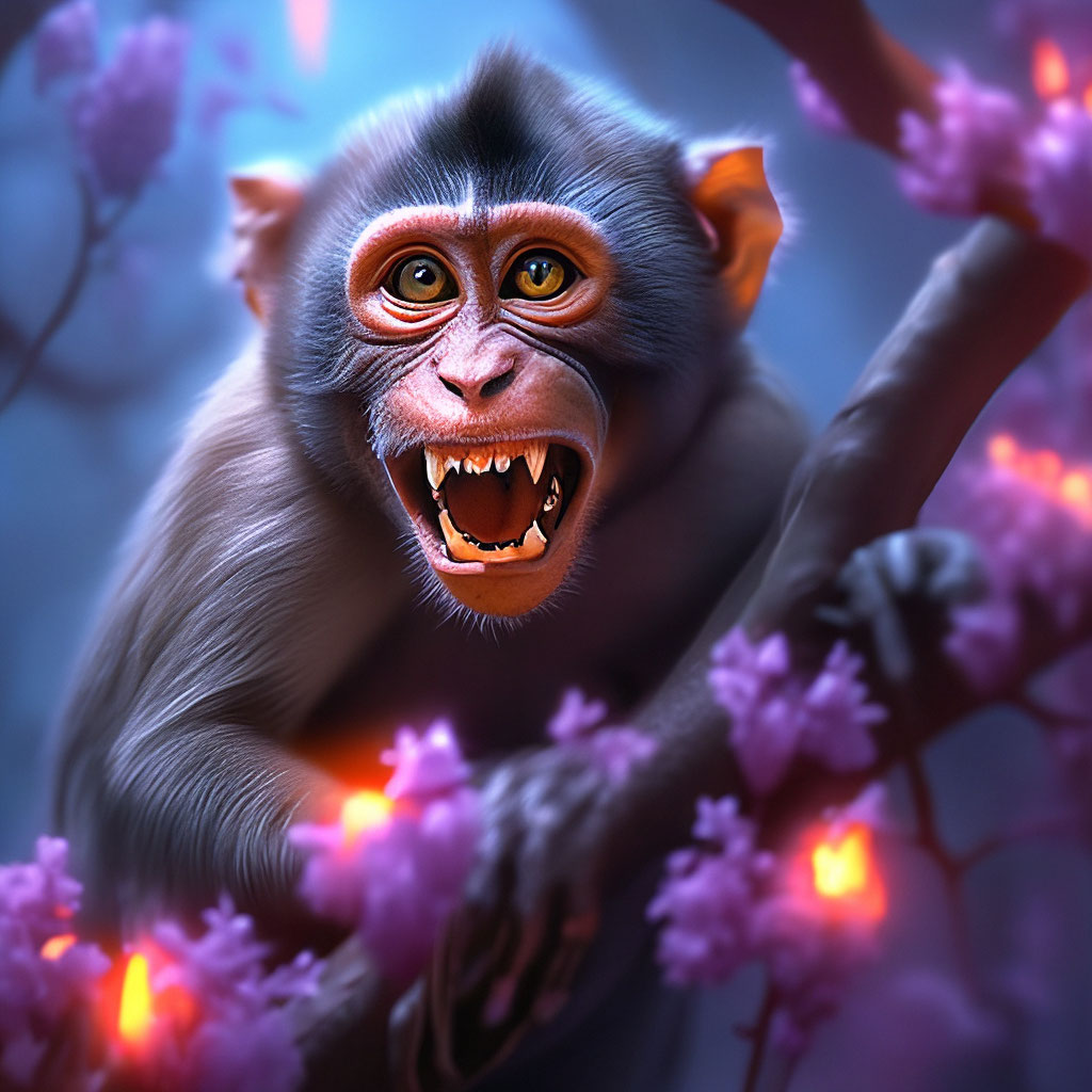 "Javanese macaque with big eyes sitting on a branch, horror, teeth ...