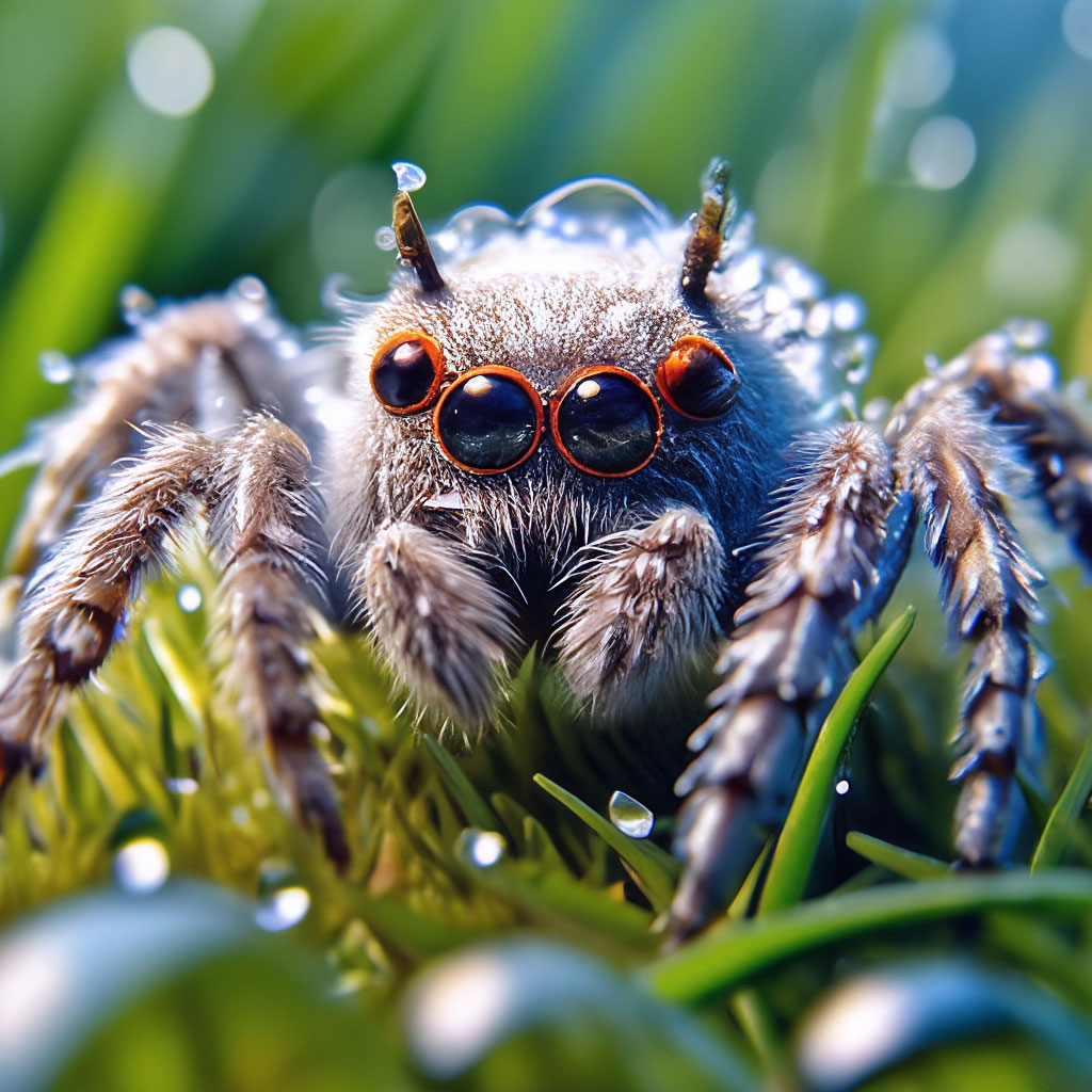 "Fluffy spider, sitting in the grass, expressive eyes, macro ...