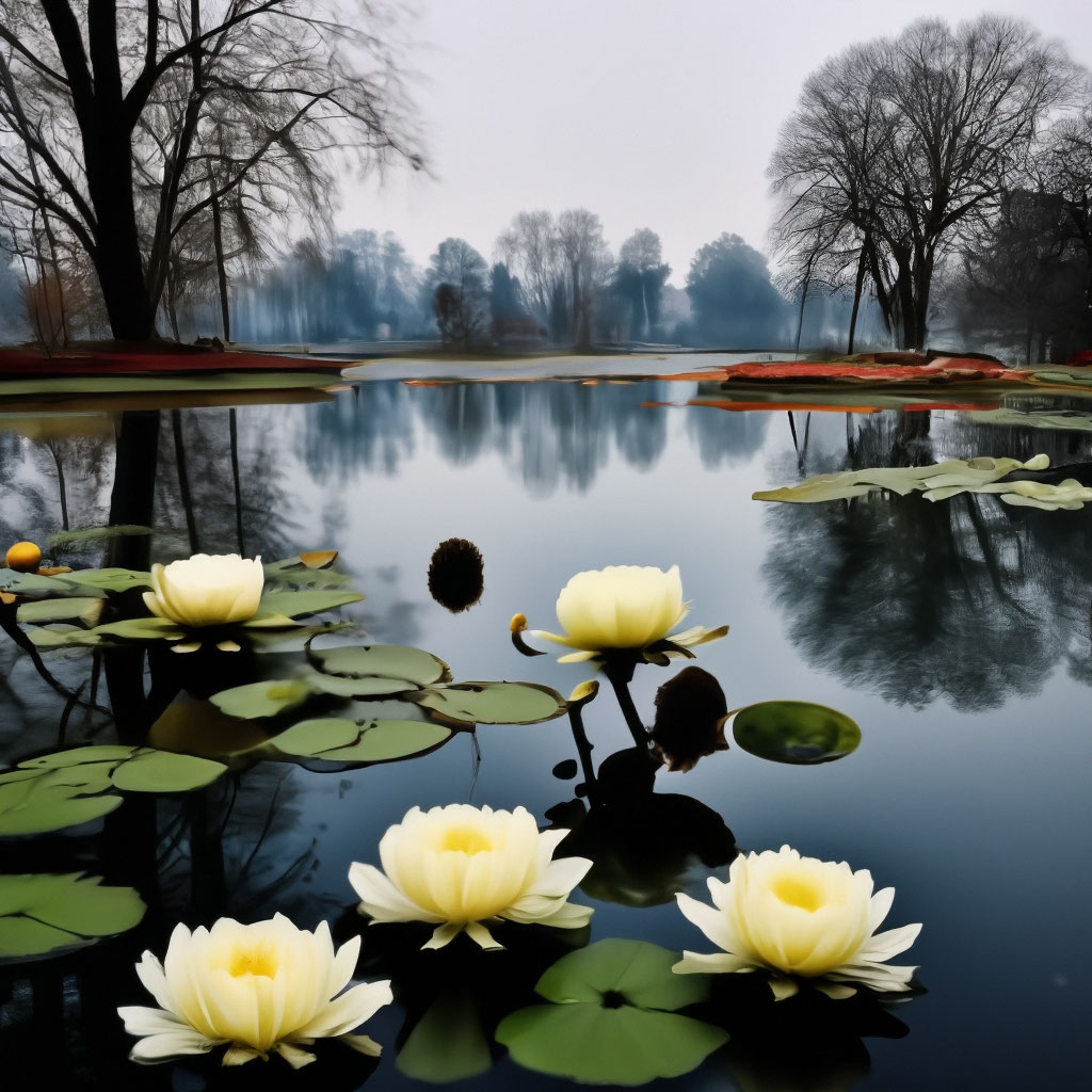 "Park,lake,water lilies winter" — image created in Shedevrum