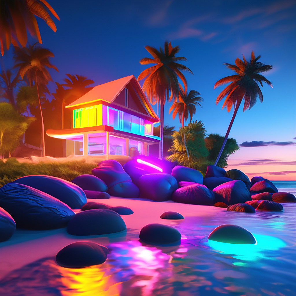 "Neon light, colored glowing stones, beach, beach house, palm trees ...