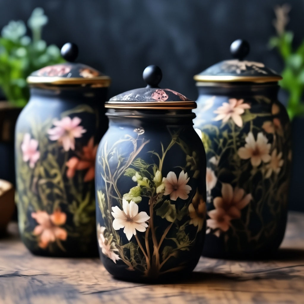 "Jars in decoupage technique, dark botanical" — image created in Shedevrum