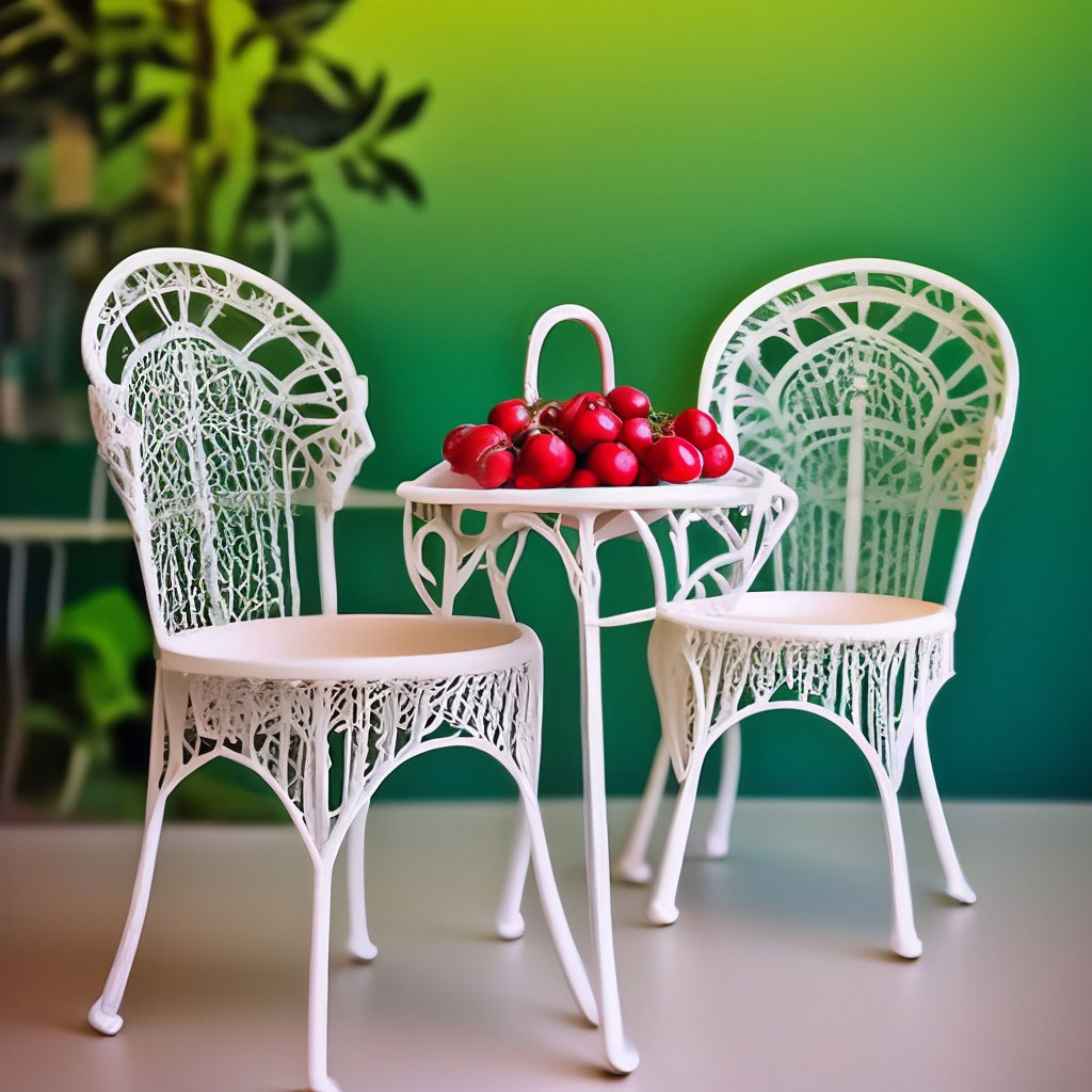 "Garden furniture. Studio photo white openwork wire table chairs ...