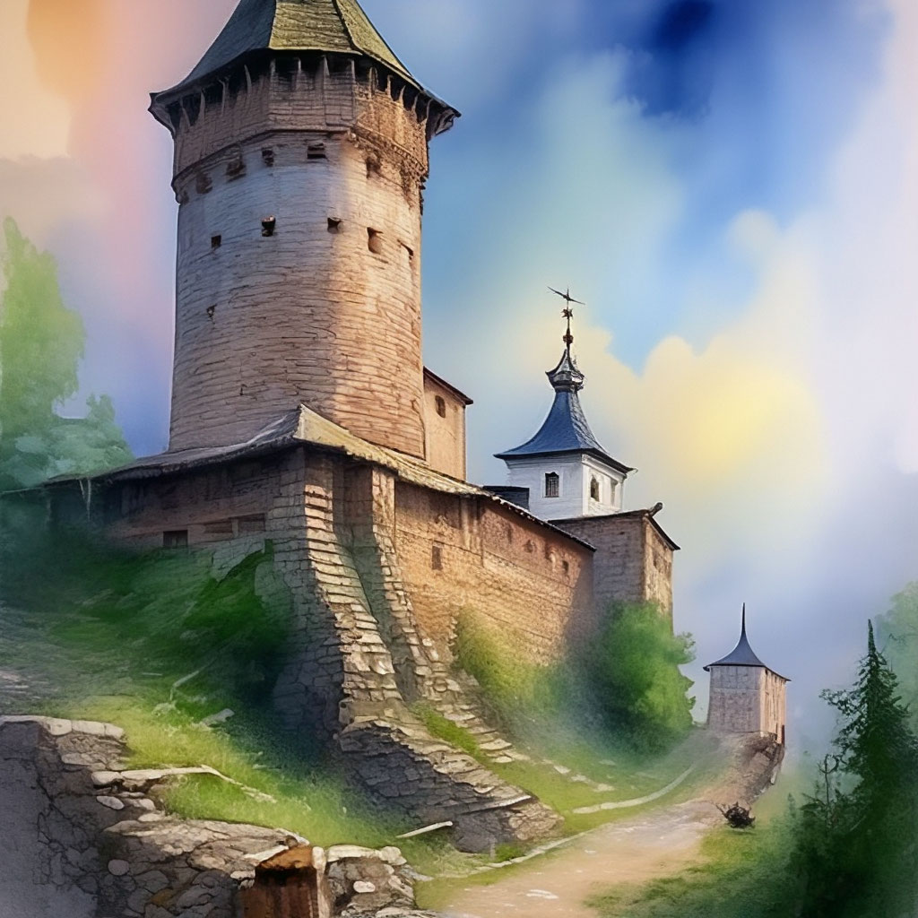 "Watercolor with detailed drawing, fine drawing: Veles-Svarog, tower ...