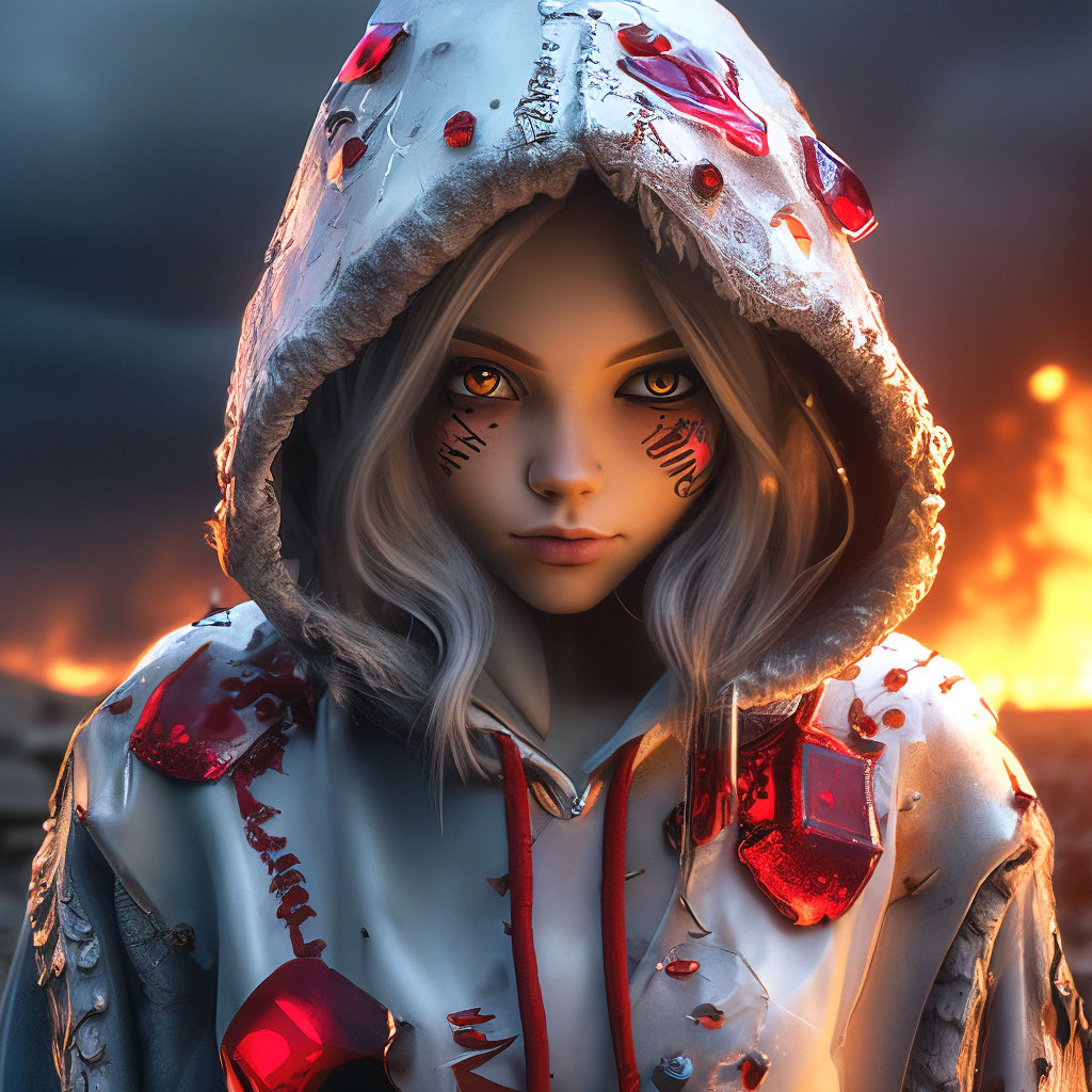 "Ermine with big anime eyes, in a hoodie, with sequins and rubies ...