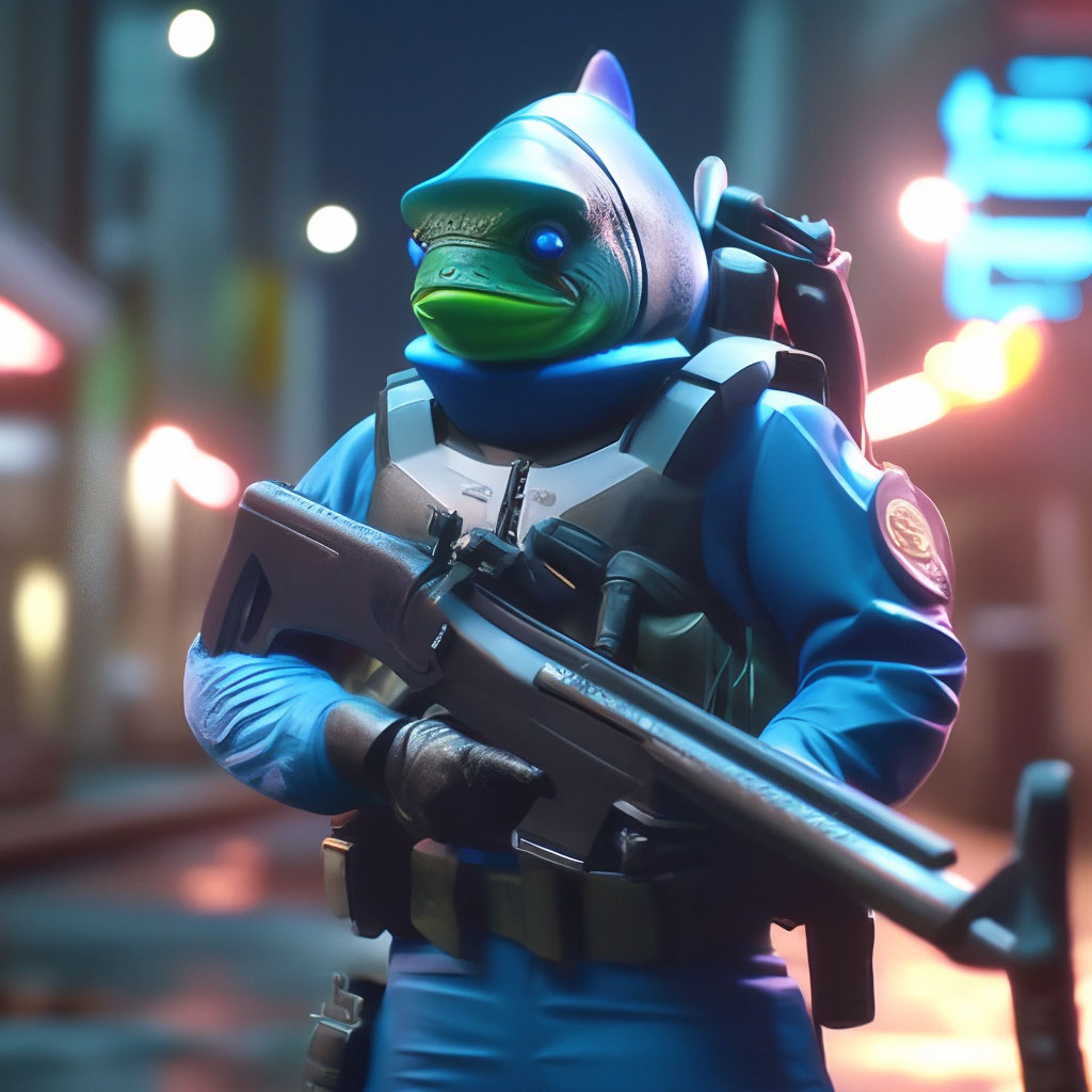 "Fish-man, a fish in the role of a swat fighter, with a gun standing in ...