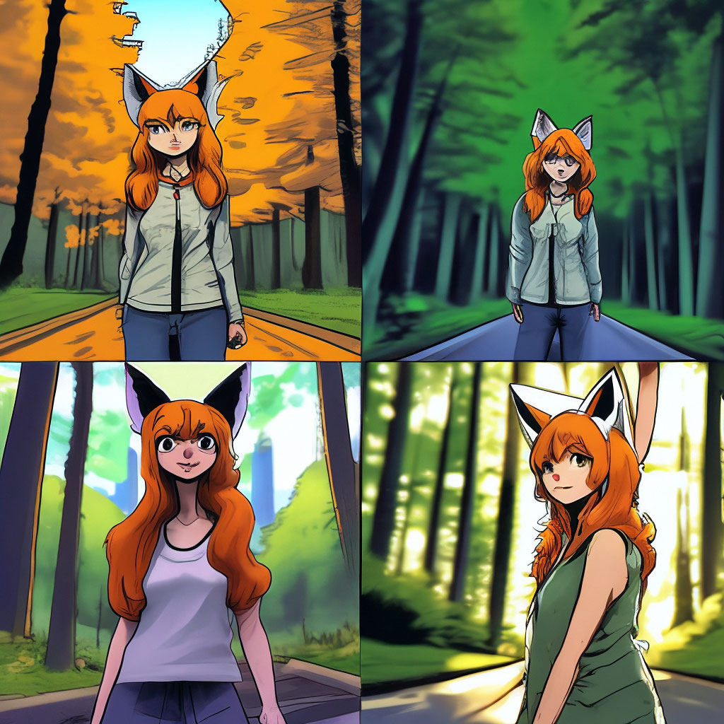"A comic of 4 images, 1)a girl 2) a girl with fox ears 3) a girl with a ...