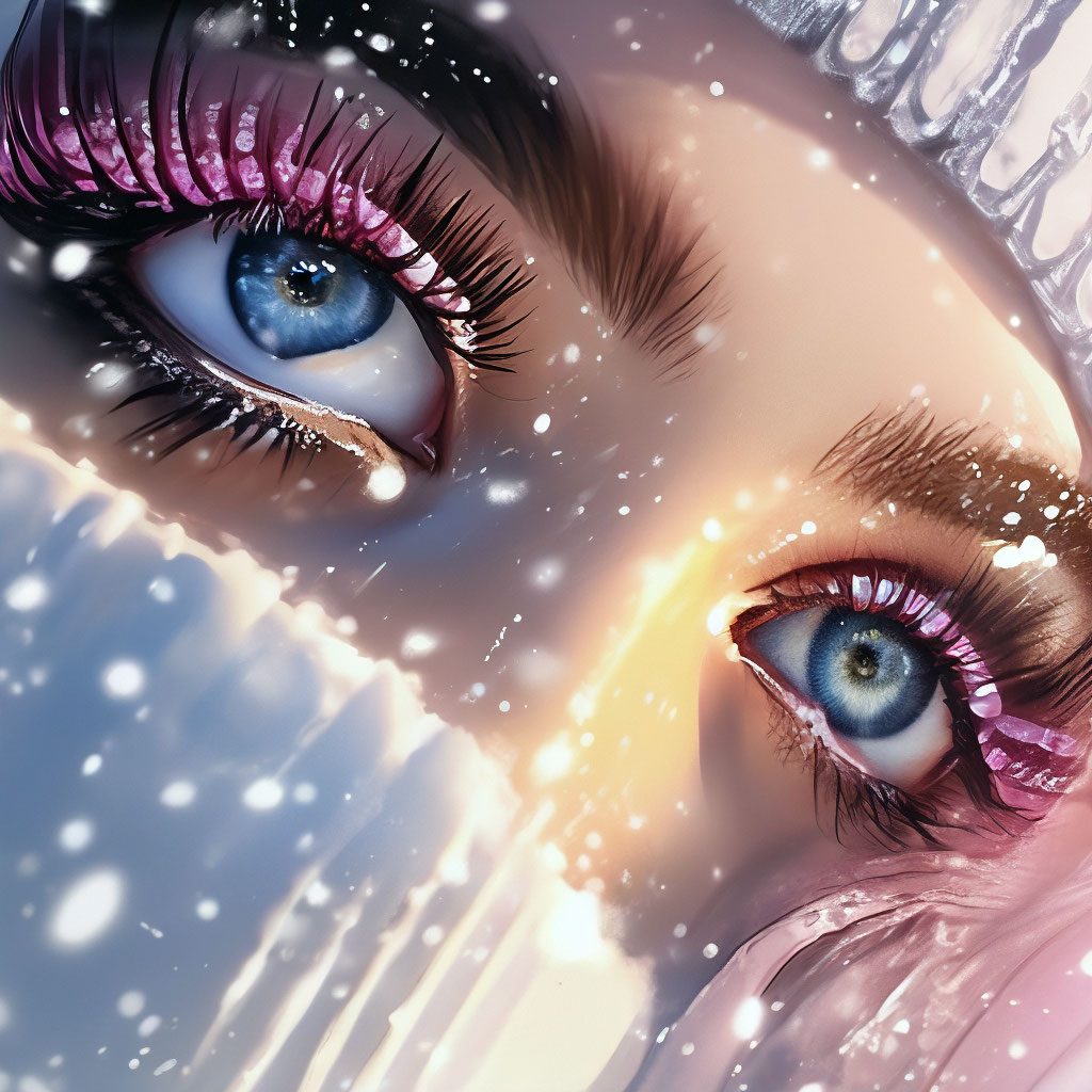 "With big bright eyelashes, sun,long eyelashes,snow,white, pink ...