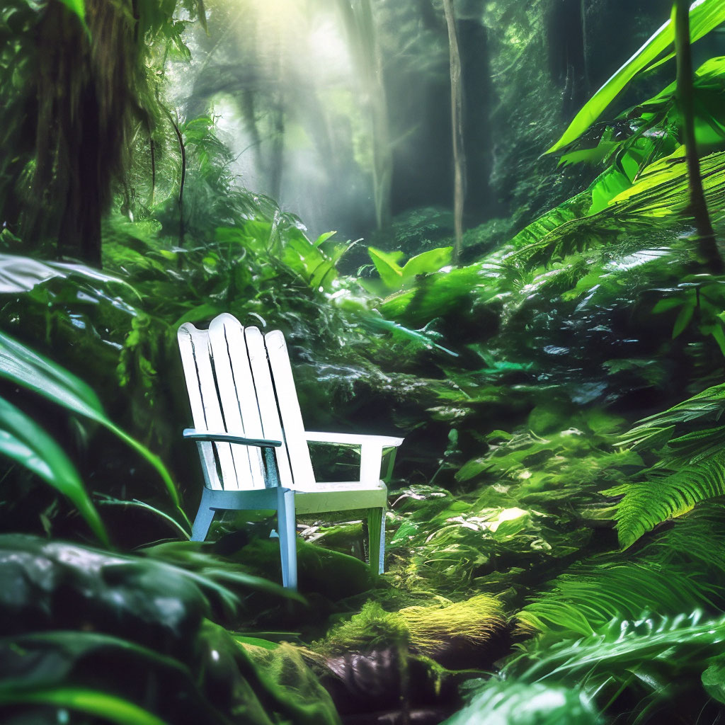 "A lonely white chair stands in the middle of the jungle, rainforest ...