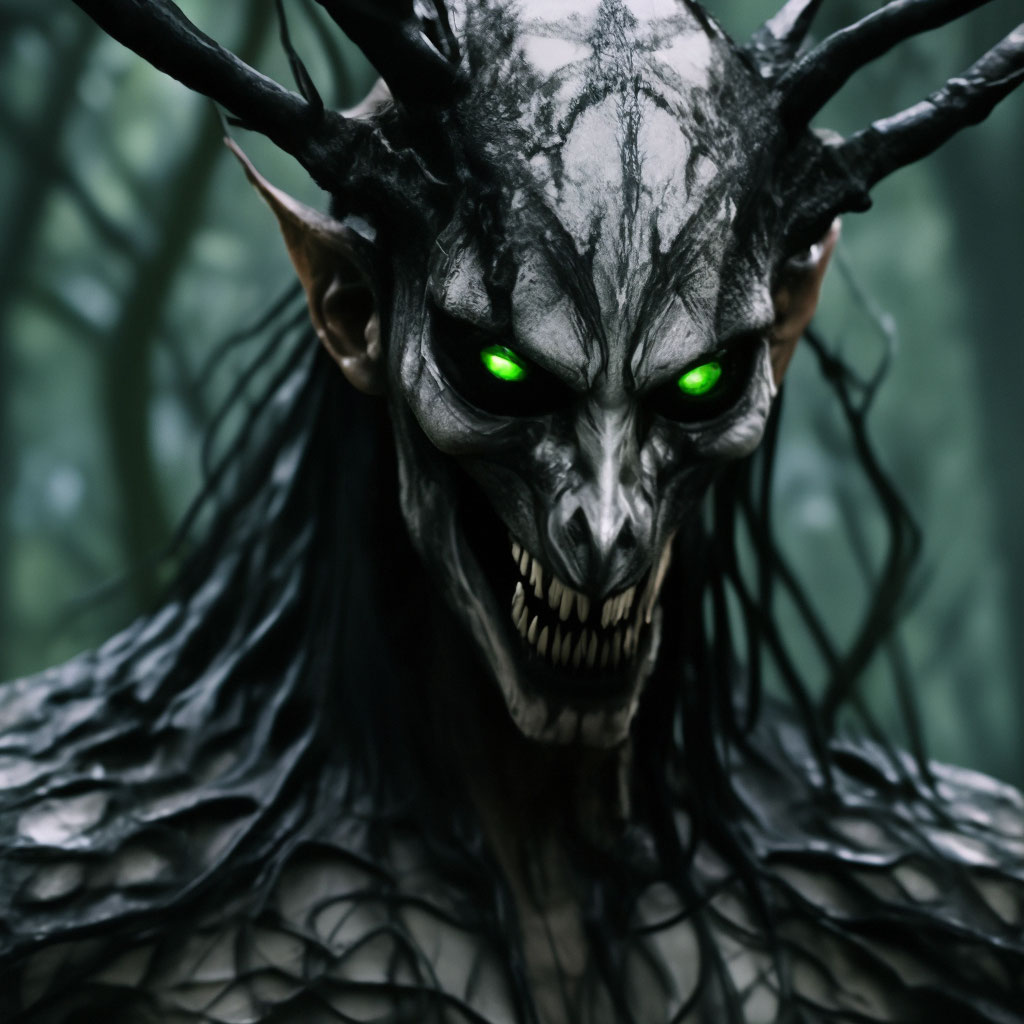 "Demon, black hair, Slavic Gothic costume, Venom teeth, green eyes ...