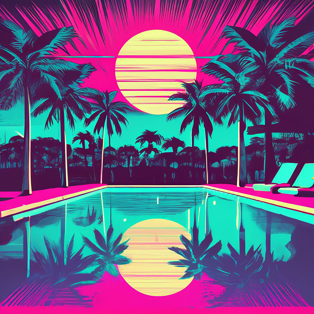 "Vector graphics in Synthwave styles. Pool, Palm Trees, Moonlight ...
