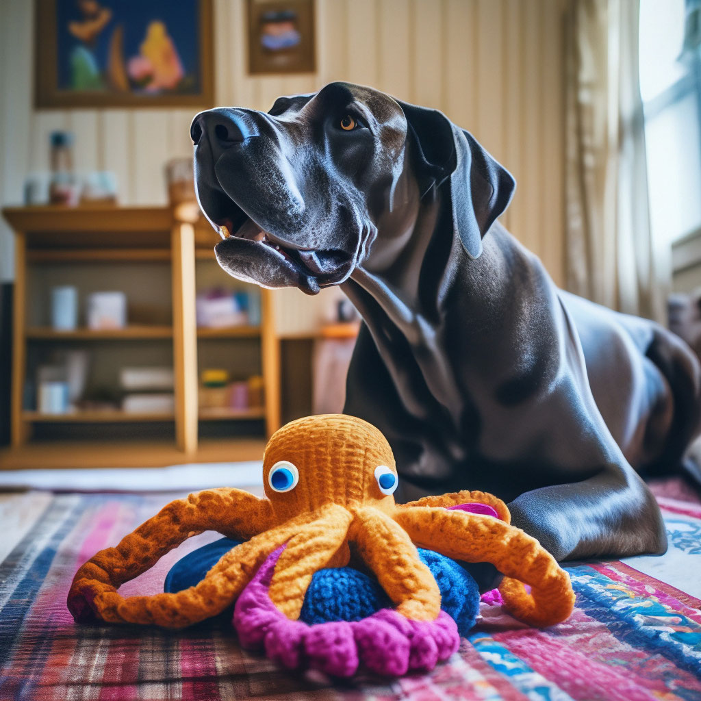 "Take it, dog! A joyful great dane holds a knitted octopus in his teeth ...