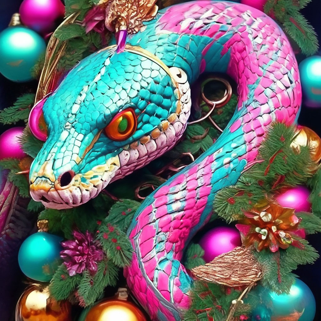 "Snake in the style of cyberpunk art botanical Christmas decorations ...