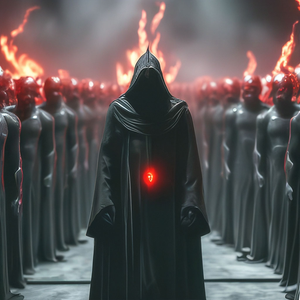 "Megarealism, red demons with fiery, even eyes, symmetrical and even ...
