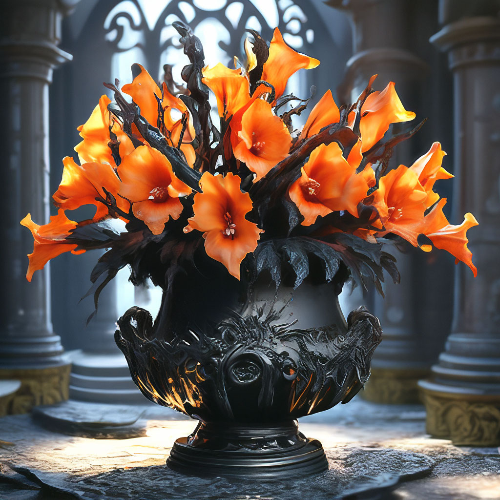 "3d, powerful color, orange huge gothic pot, lush thick gladioli of ...