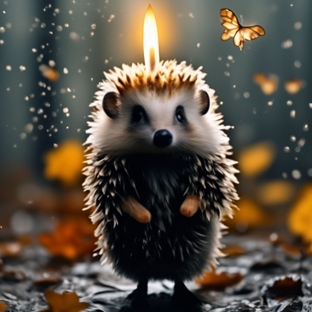 "Autumn depression, hedgehog in a thick white fog, carries a burning ...