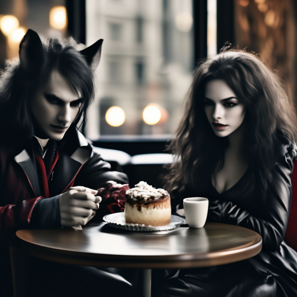 "A vampire guy and a werewolf girl are sitting in a cafe and eating a ...