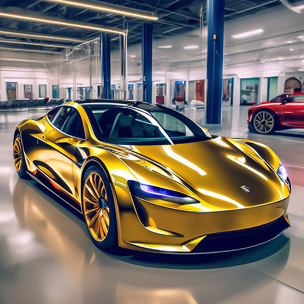 "The fastest golden tesla" — image created in Shedevrum