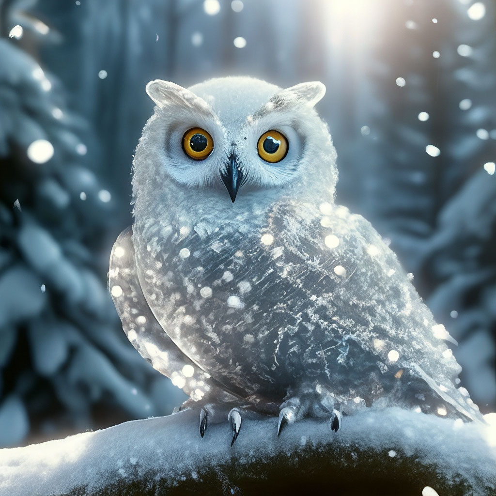 "A hyperrealistic cute crystal owl is sitting on a tree, all glitters ...