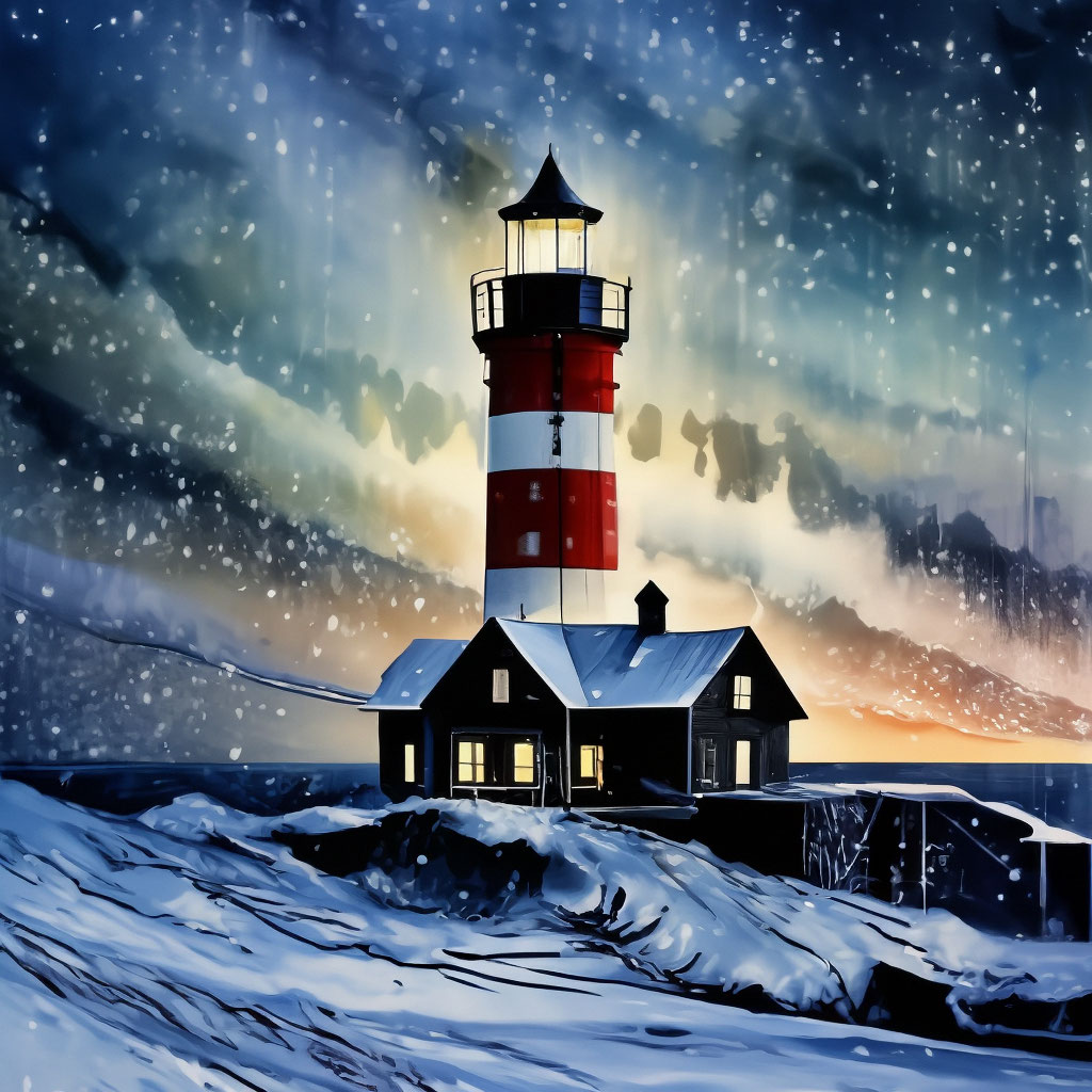 "Snow blizzard double exposure, lighthouse, northern lights, watercolor ...