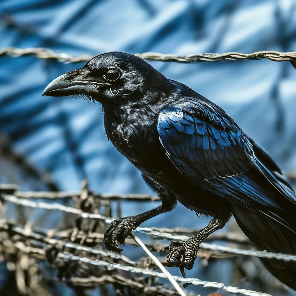 " ️ The image of a Black raven, with blue glossy plumage,sits in barbed ...