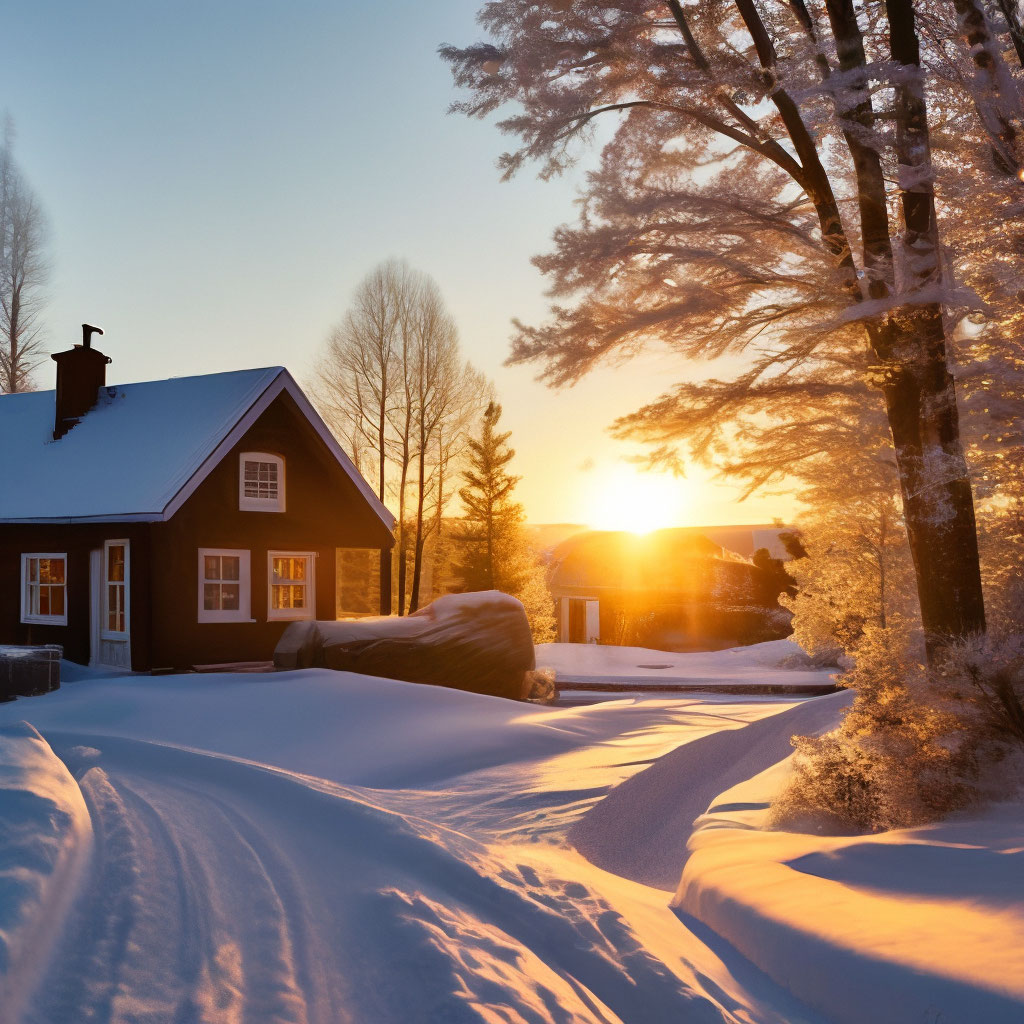 "Summer cottage in winter sunset sun" — image created in Shedevrum