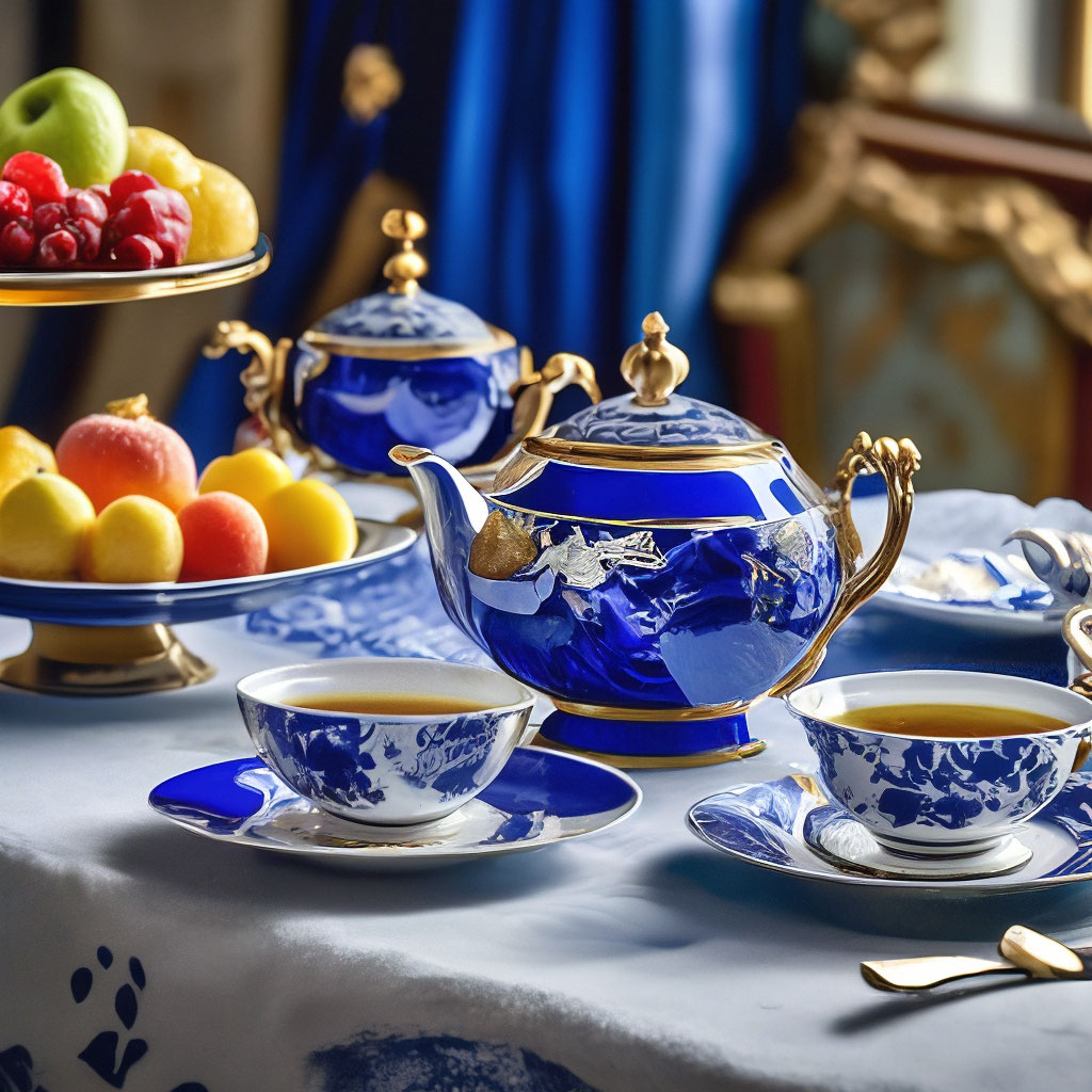"A tea table with two classic cobalt teacups on saucers, a teapot and a ...