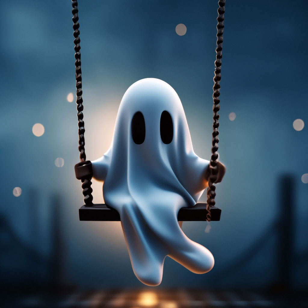 "Minimalism.One sad little ghost, who looks like Casper, is swinging on ...
