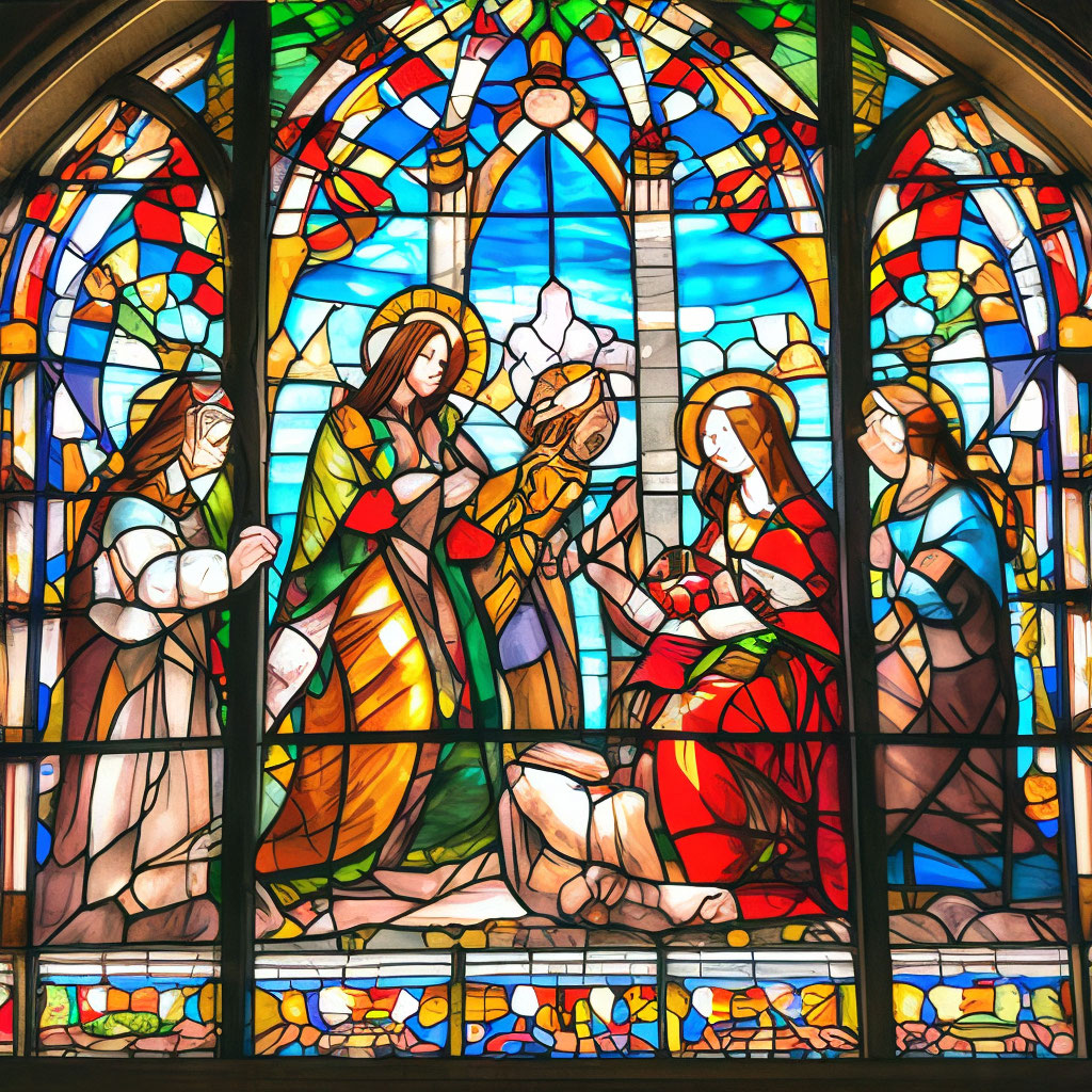 "The Nativity scene. Stained glass window." — image created in Shedevrum