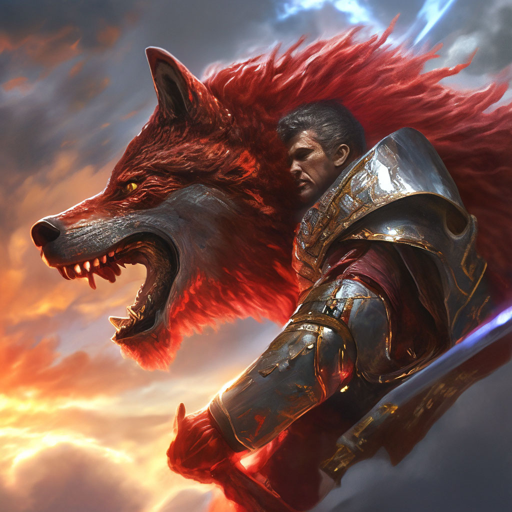 "Side view in the clouds, a Slavic werewolf in scarlet chain mail ...