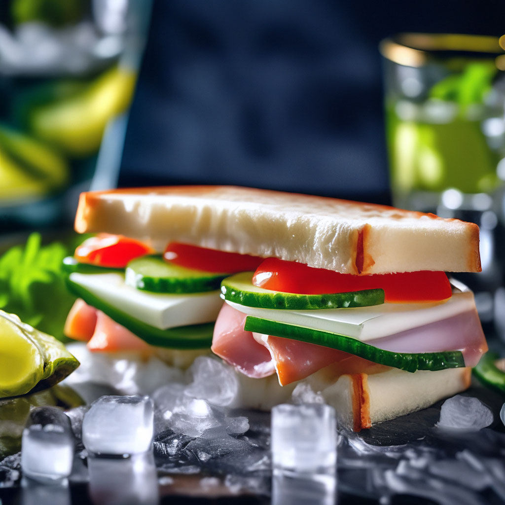 "Sandwich with sprat, cucumbers, chilled vodka stack, in ice, olives ...