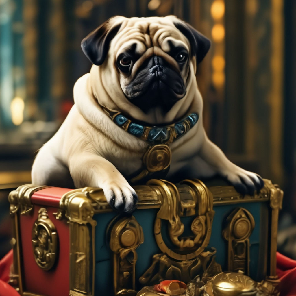 "A pug sits on a treasure chest like a parrot" — image created in Shedevrum