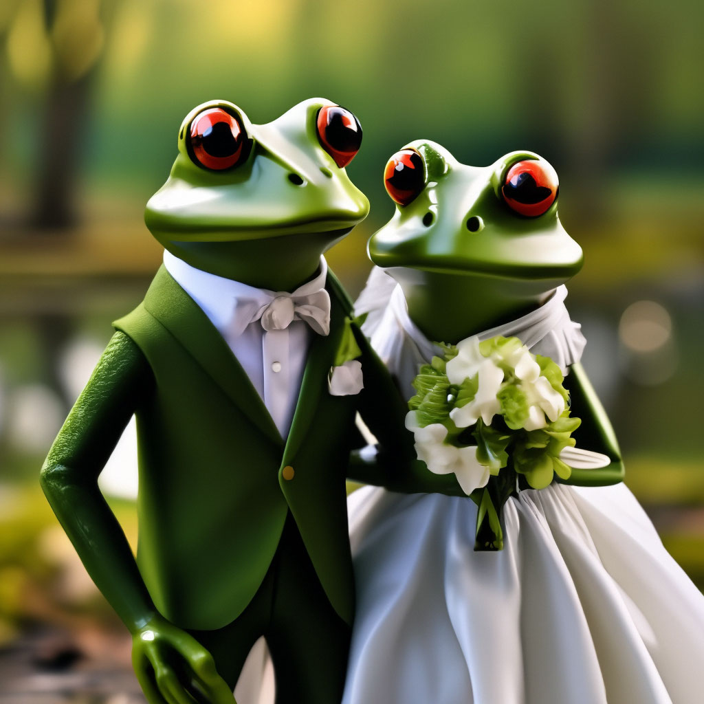 "Anthropomorphic frog bride getting married, wedding photo shoot ...