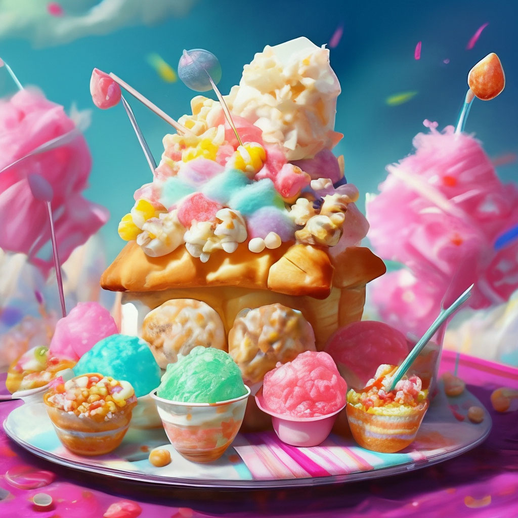 "Puff pastry made of popcorn, jelly and cotton candy and ice cream ...
