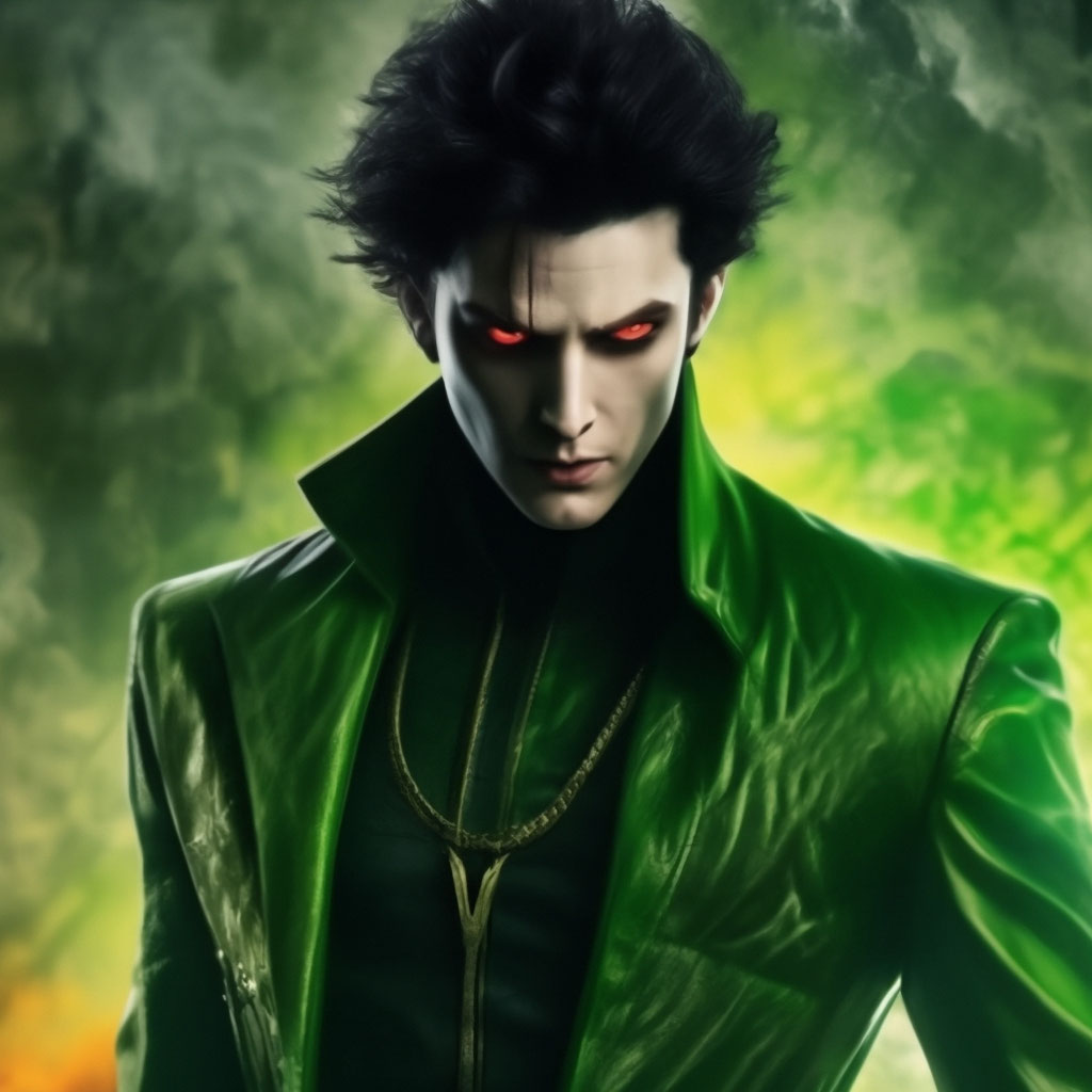 "Nightmare, eye color red, hair black, clothes green demon, Marvel ...