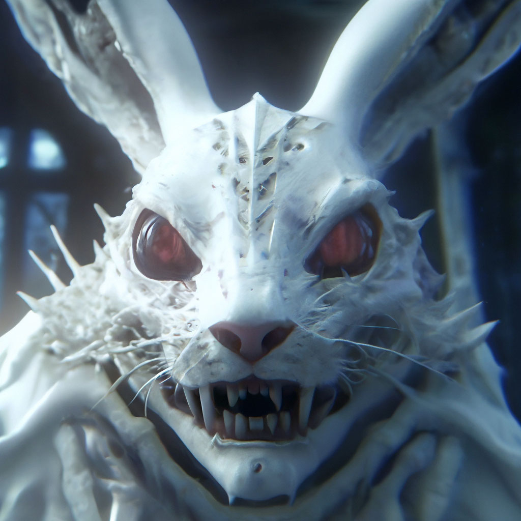 "Close-up, mutated hybrid White Rabbit++necromorph, half-open mouth ...