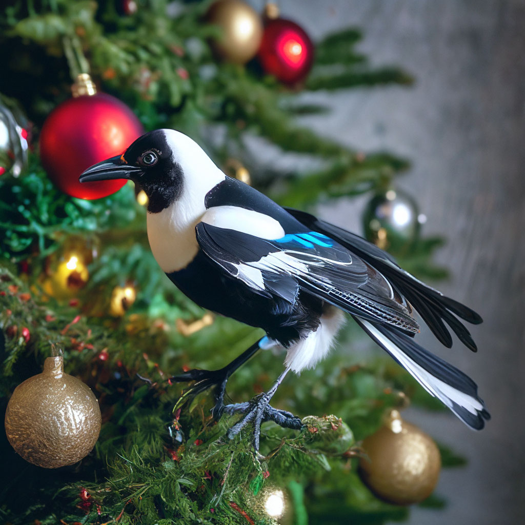 "A magpie drags a toy from a Christmas tree" — image created in Shedevrum