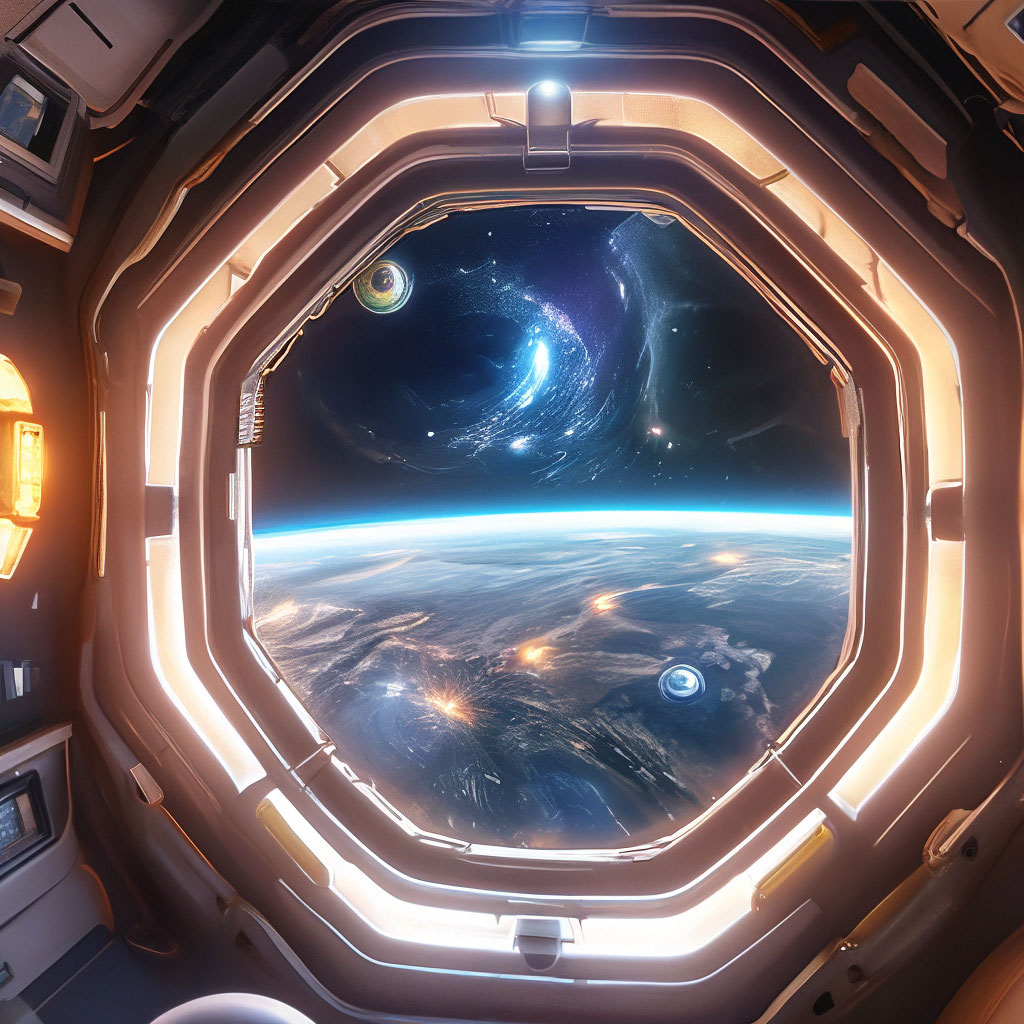 "View of space from a hatch on a spaceship, cosmos, milky way,asteroid ...