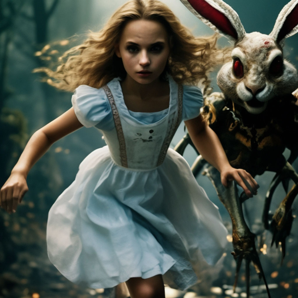 "Creepy Alice from Alice in Wonderland runs after a white rabbit horror ...