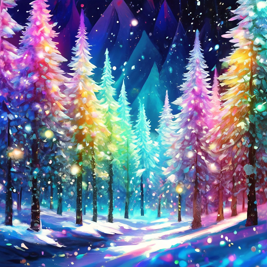 "Magical iridescent winter fir forest, crystal trees with multicolored ...