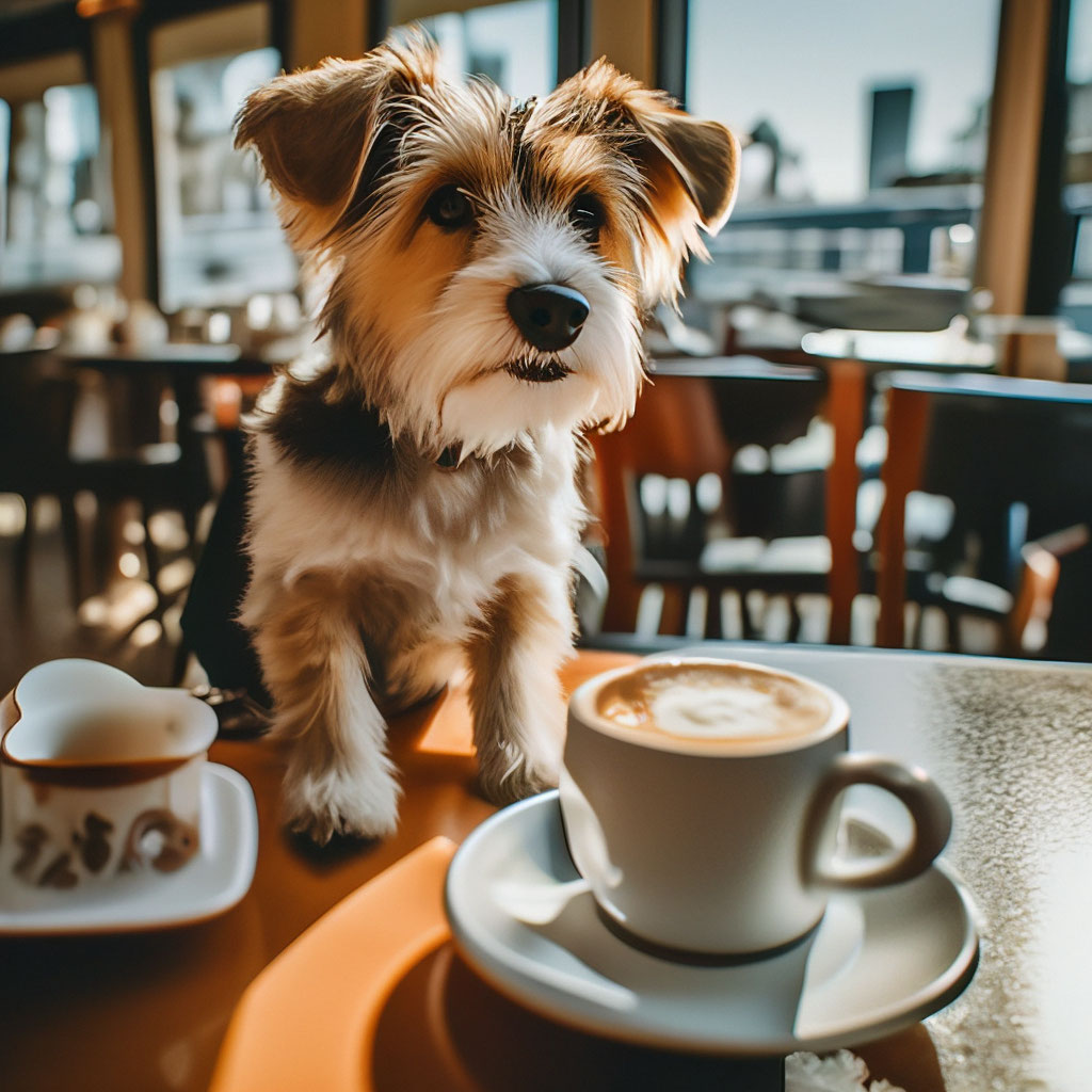 "Dog drinks coffee" — image created in Shedevrum