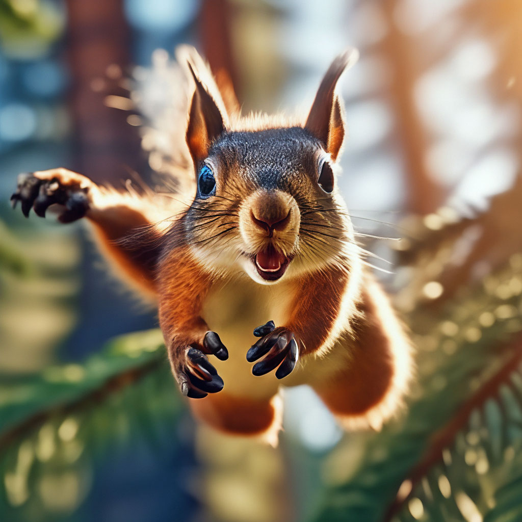 "Fluffy humorous,funny,flying squirrel flies from branch to branch ...