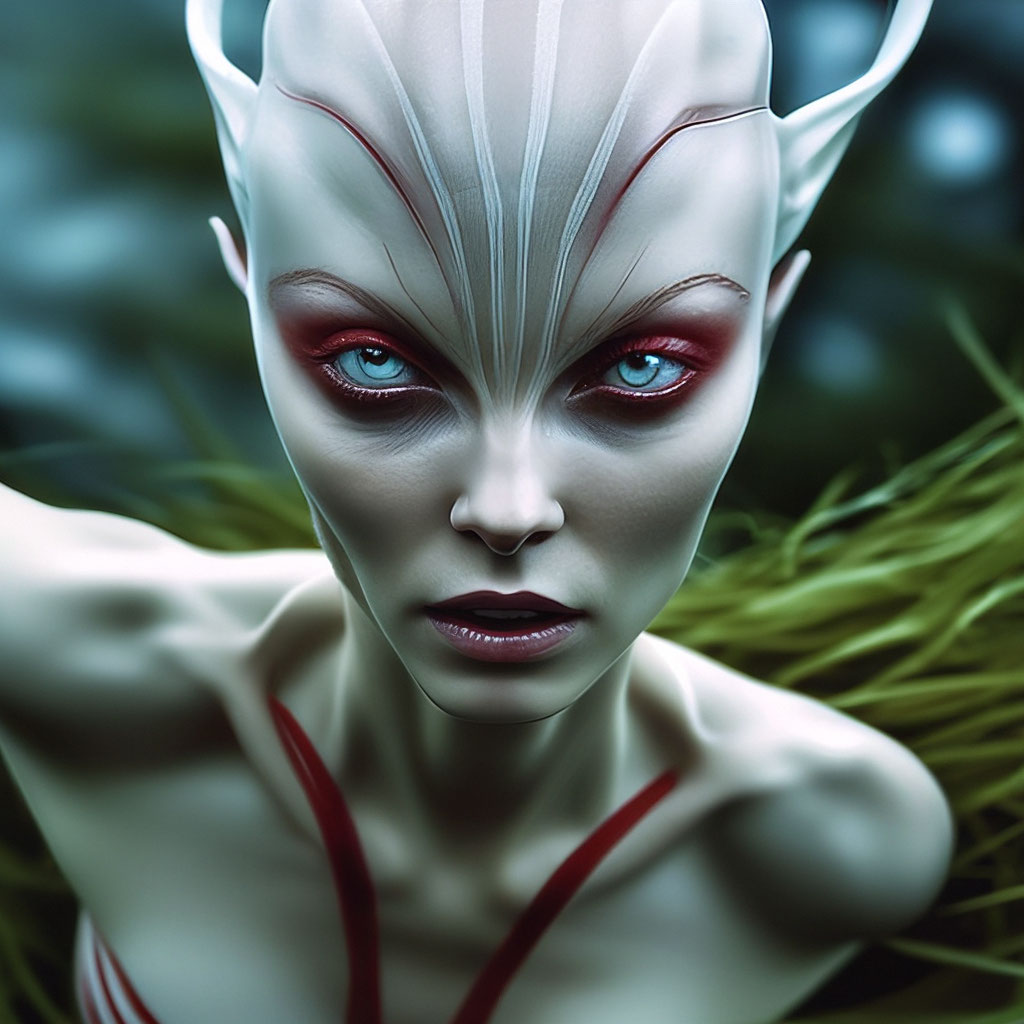 "A strange alien woman jumps from above, piercing gaze, huge creepy ...
