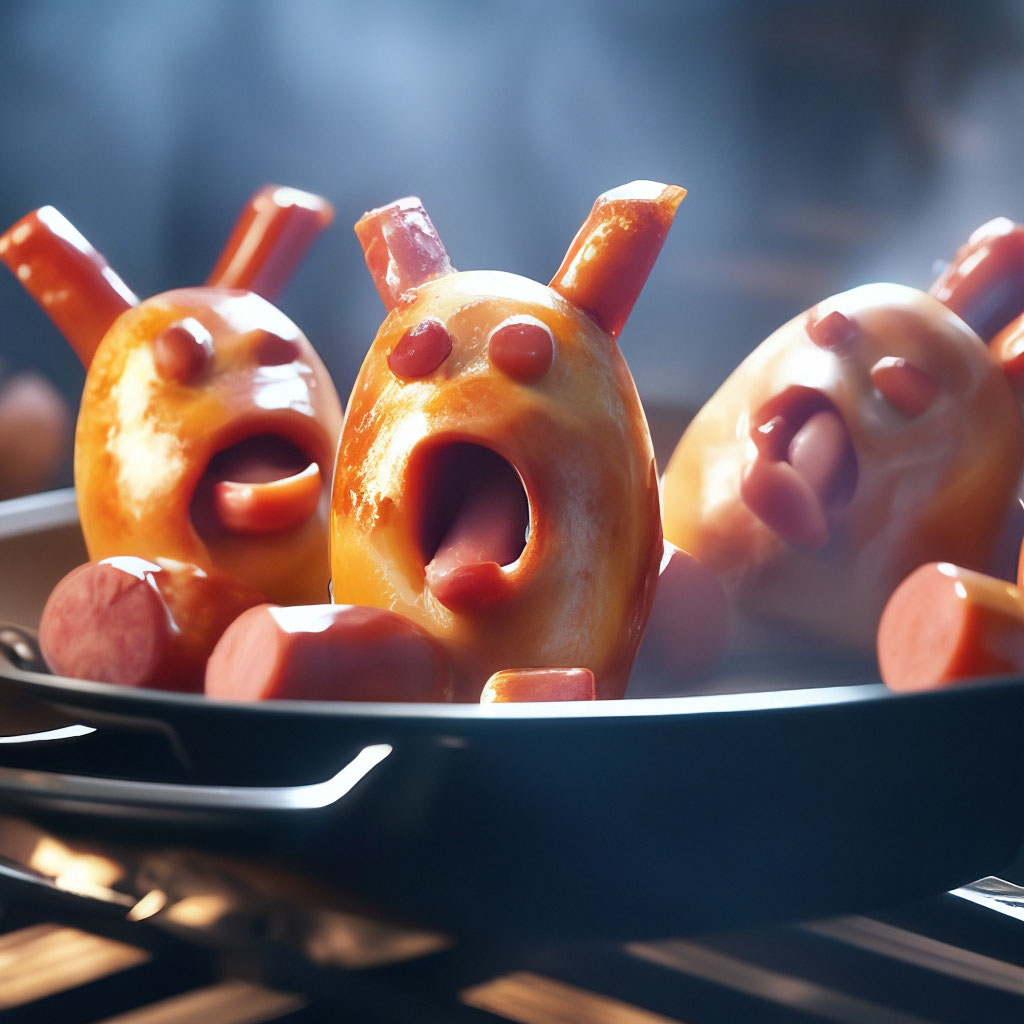 "Anthropomorphic sausages are crying and trying to get out of a hot ...