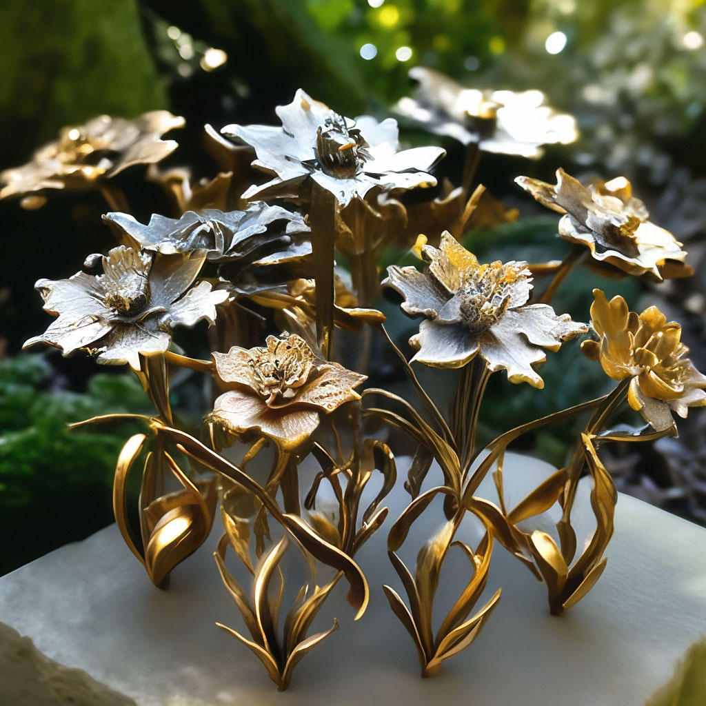 "A glade of forged flowers, made of metals nickel, copper, steel ...