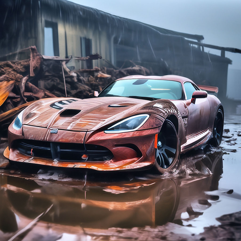 "A rusty, wrecked viper car in the rain" — image created in Shedevrum