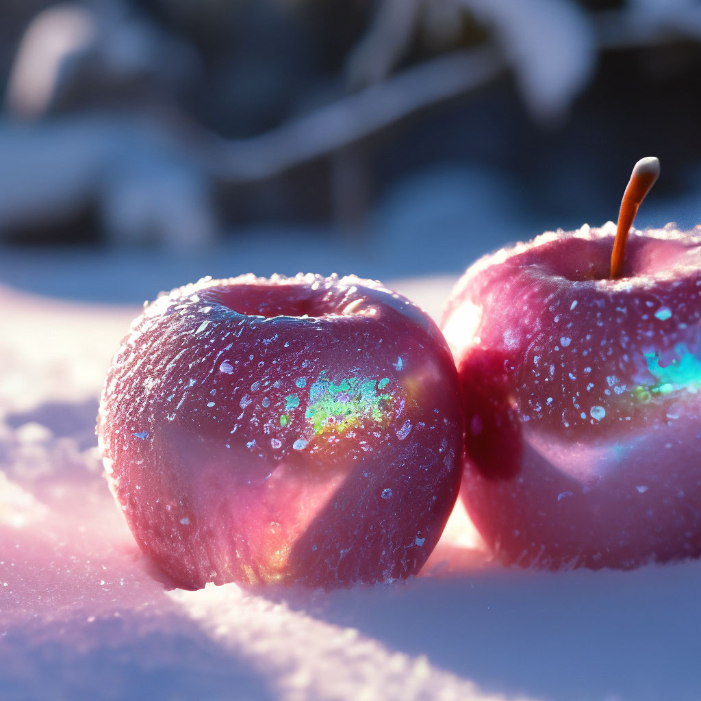 "Apples in the snow pink crystal apples with iridescent shades lie on ...