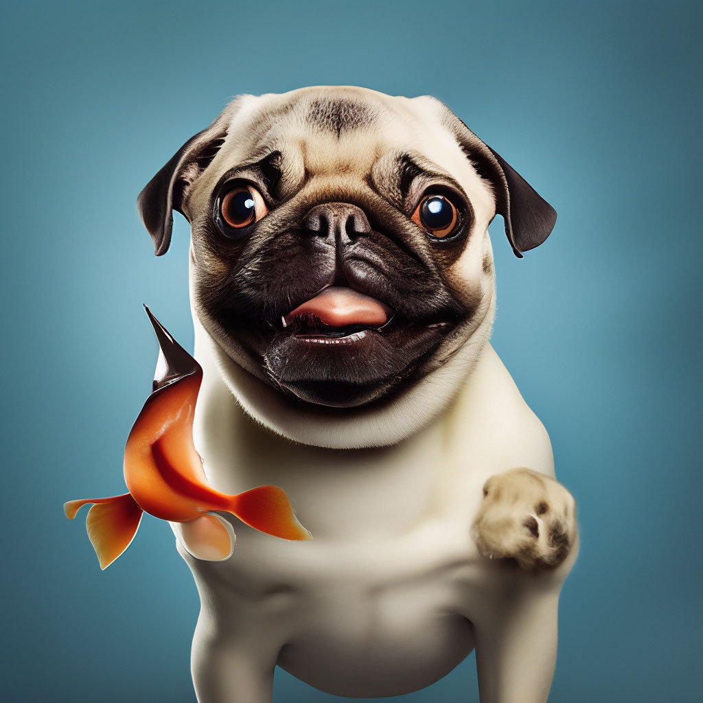 "Very bald pug, funny holding a fish in his teeth" — image created in ...