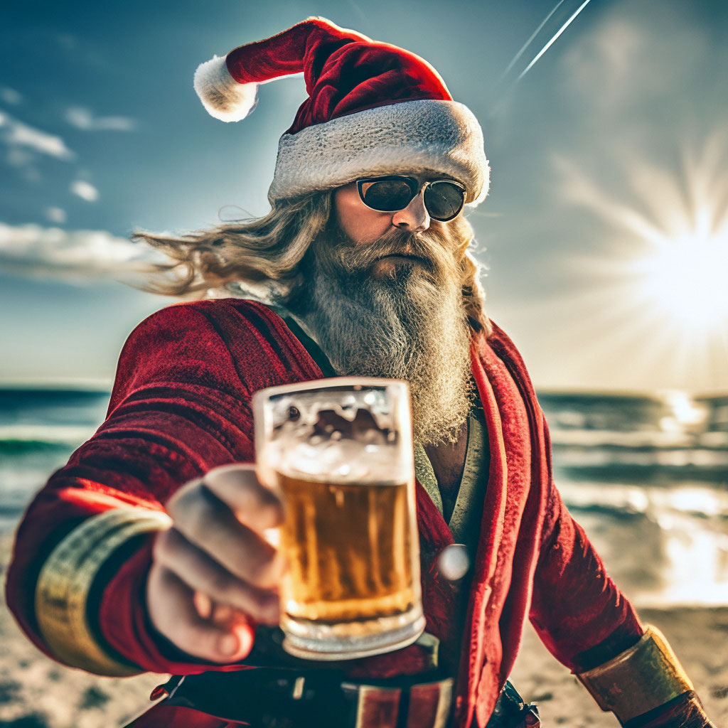 "Double exposure sea, sun, beach. Thor with beer in Santa Claus hat ...