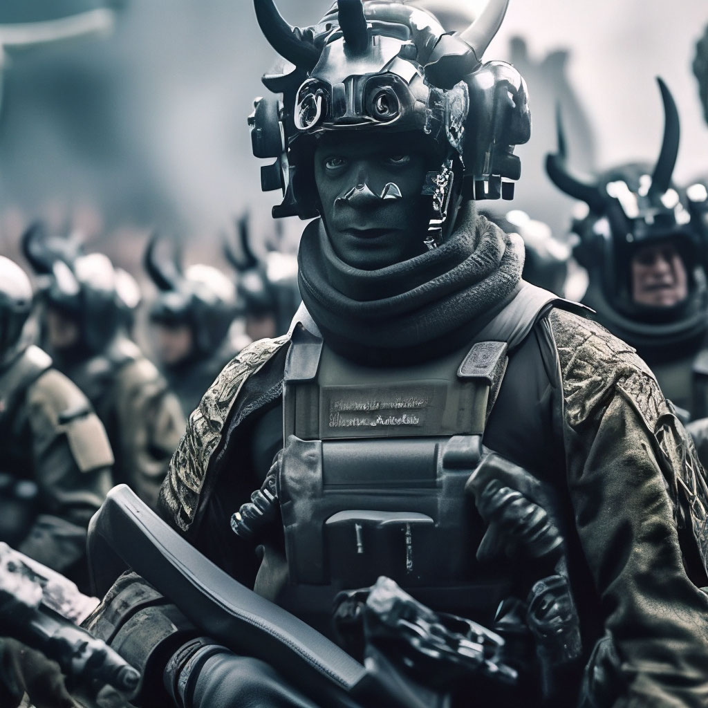 "Post-apocalyptic large-scale parade, space, fire, modern equipment ...