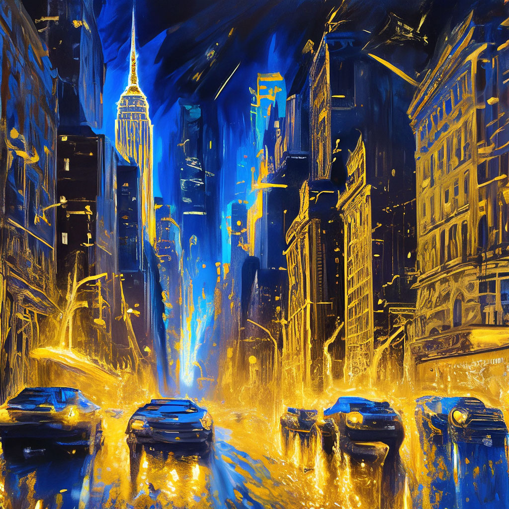 "Night city new york, scratch painting, grattage technique, color ...